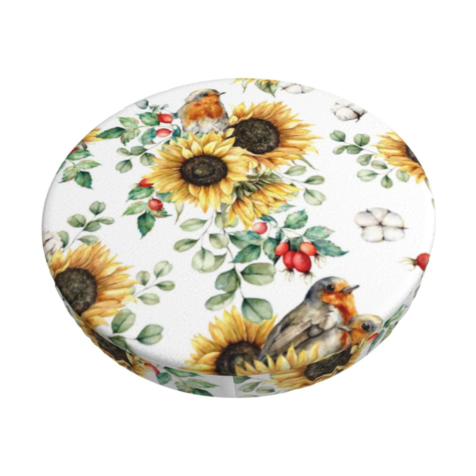 Lukts Sunflowers Leaves And Birds Bar Stool Covers 12"-14" Round Crease ...