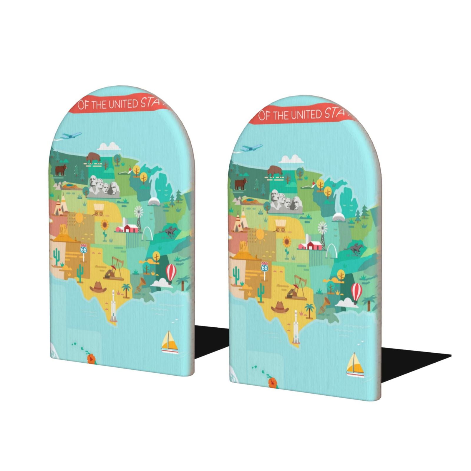 Lukts USA Tourist Map Print Wood Bookends,Non-Skid Bookend for Shelves ...