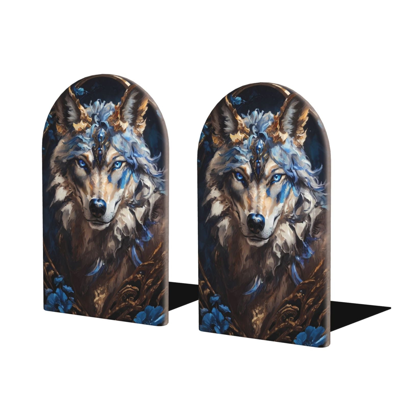 Lukts Vintage Blue Floral Wolf Print Wood Bookends,Non-Skid Bookend for ...