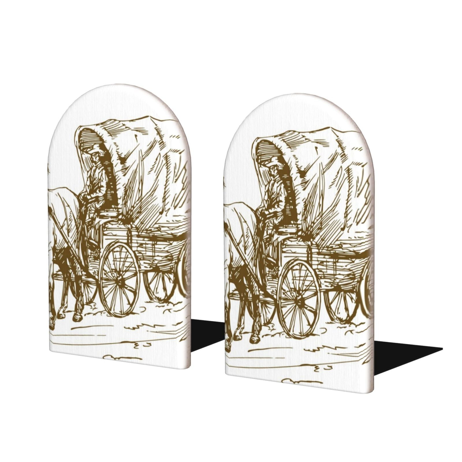 Lukts Western Scenery With Old Wagon Print Wood Bookends,Non-Skid ...
