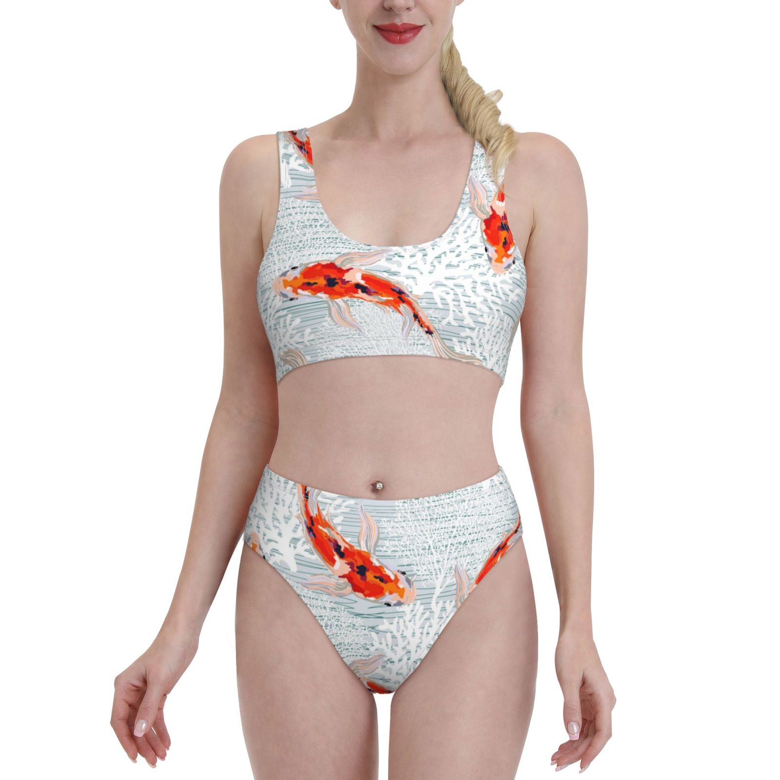 Lukts Women High Waisted Bikini Set Koi Fish Corals,Spring Summer Swimsuit 2 Piece Bathing Suit ...