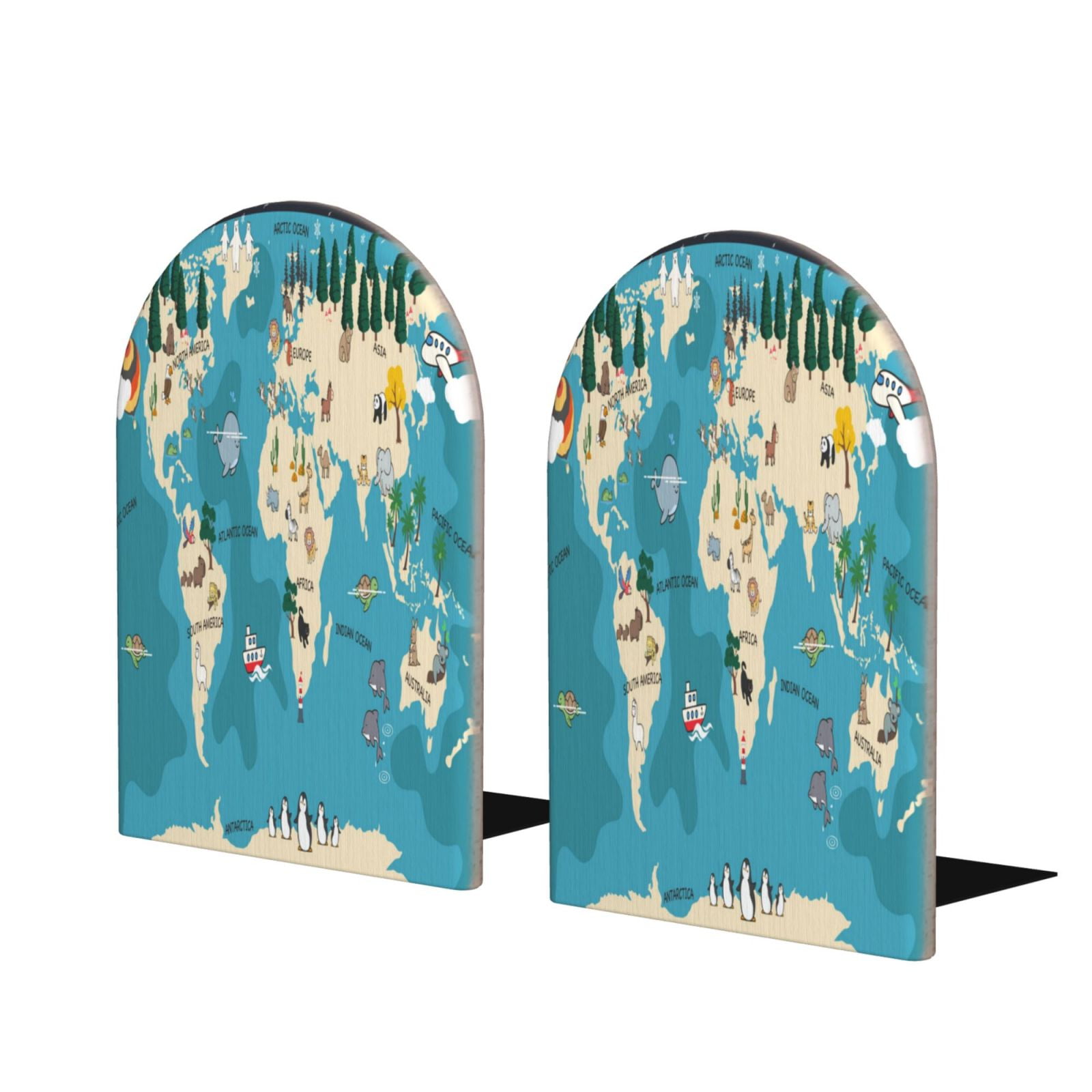 Lukts World Map With Animal for Wooden Bookends, Heavy Duty Metal ...