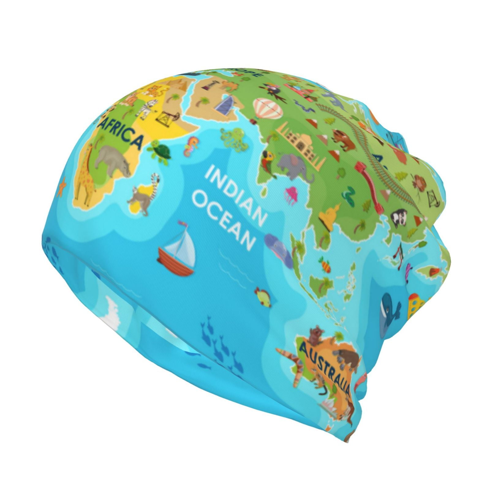 Lukts World Map With Animals Landmarks Pattern Slouchy Beanie Hip-Hop ...