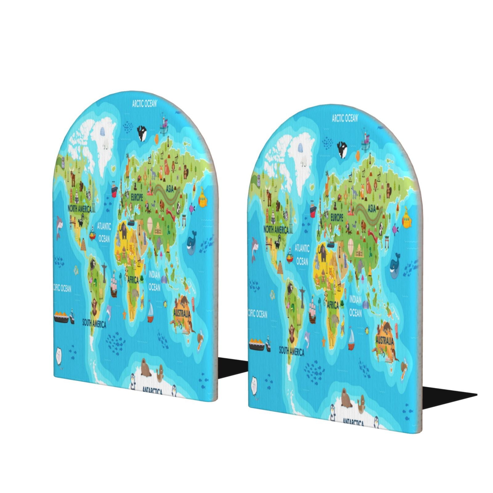 Lukts World Map With Animals Landmarks for Wooden Bookends, Heavy Duty ...