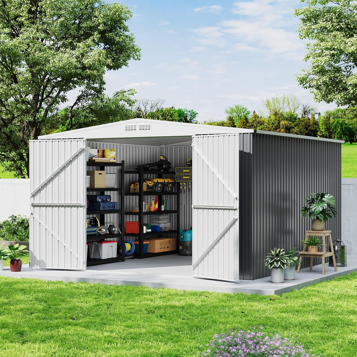 Luku 10x10 FT Outdoor Metal Storage Shed Galvanized Steel Tool Sheds ...