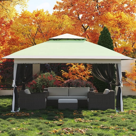 118x118" Steel Patio Gazebo with Mesh Curtains & Shelves - Outdoor ...