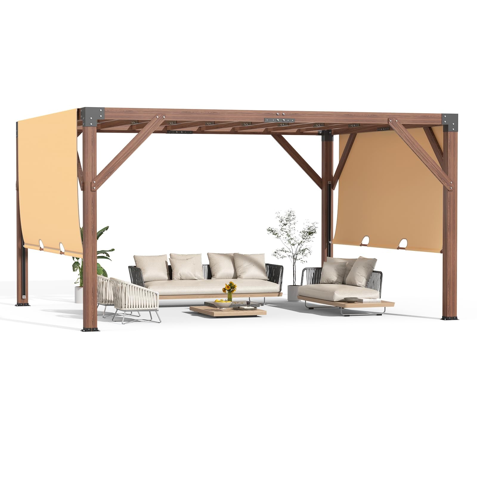 Luku 12x14 FT Wooden Pergola, Cedar Wood Gazebo with Arched Roof ...