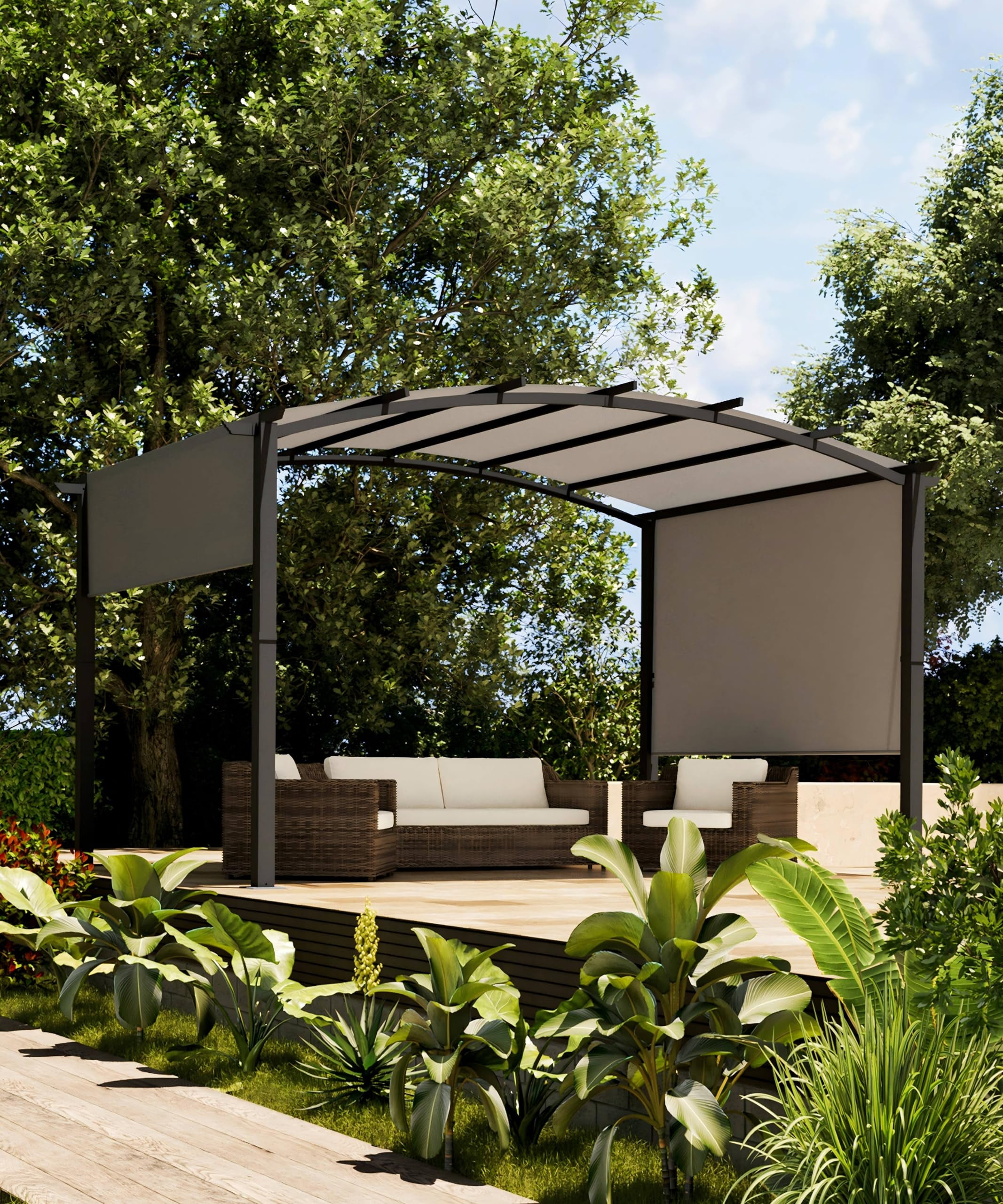 Luku 13' x 9' Outdoor Arched Pergola, Metal Pergola with Retractable ...