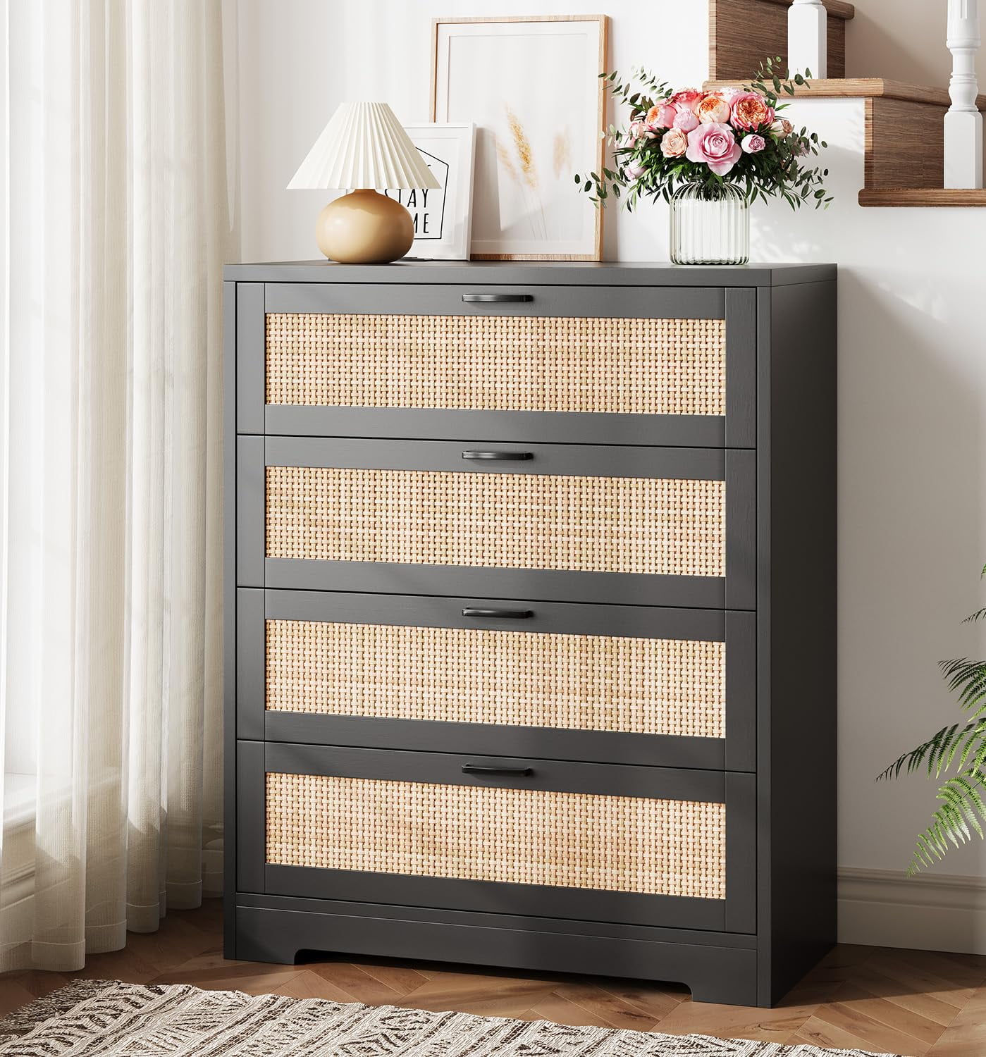 Luku 4 Drawer Dresser for Bedroom, Rattan Chest of Dressers, Modern ...