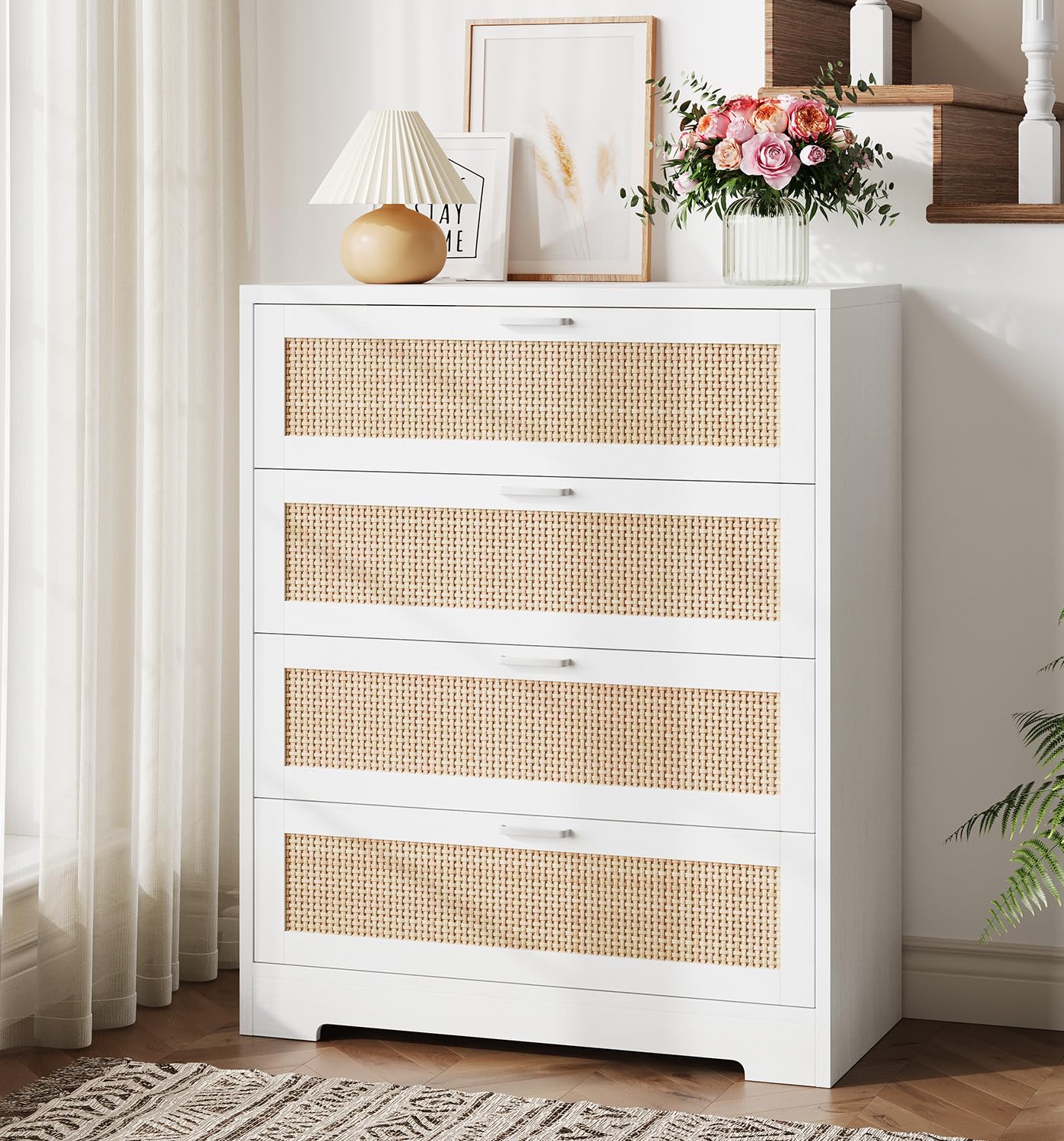 Luku 4 Drawer Dresser for Bedroom, Rattan Chest of Dressers, Modern ...