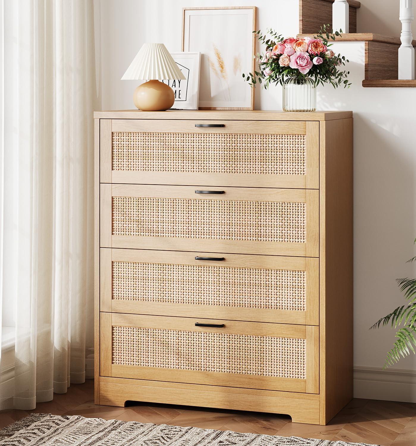 Luku 4 Drawer Dresser for Bedroom, Rattan Chest of Dressers, Modern ...