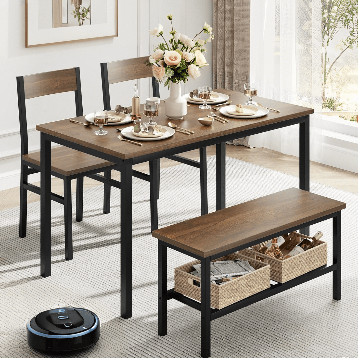 Luku 4-Piece Dining Table Set with Bench, Modern Metal Frame Kitchen ...