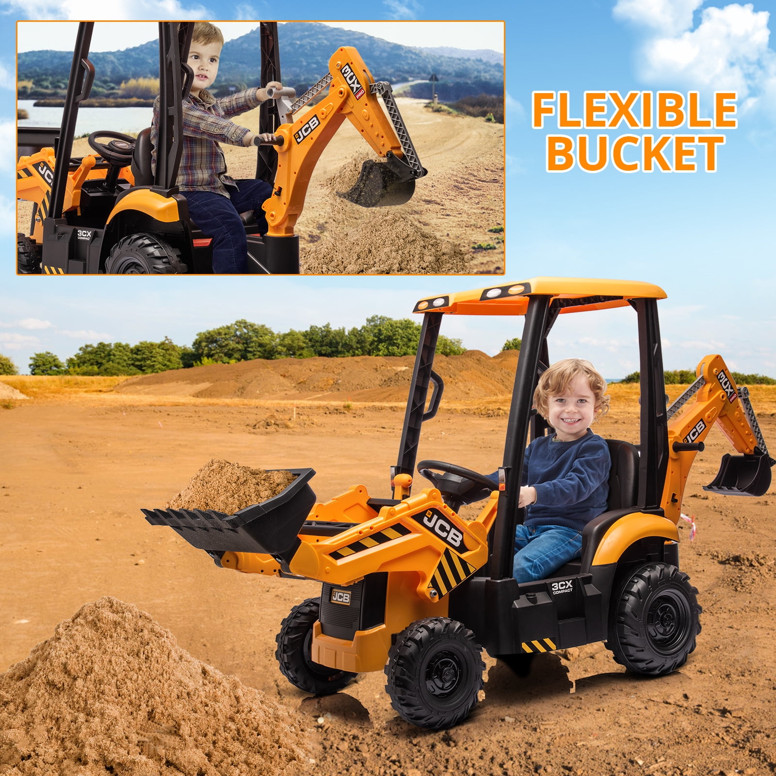 Luku 4 in 1 Ride on Excavator & Bulldozer, 12V Kids Electric Vehicle ...
