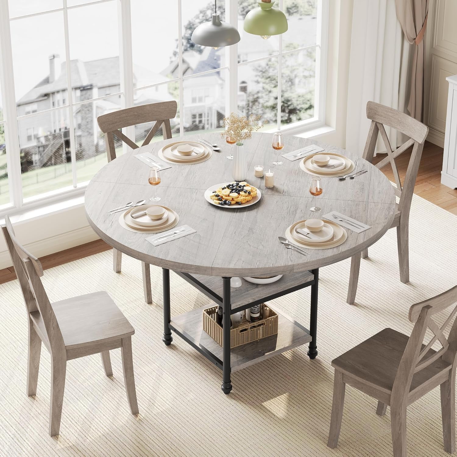Luku 47.2" Round Dining Table for 4, Thick Wooden Top, Metal Roman Legs ...