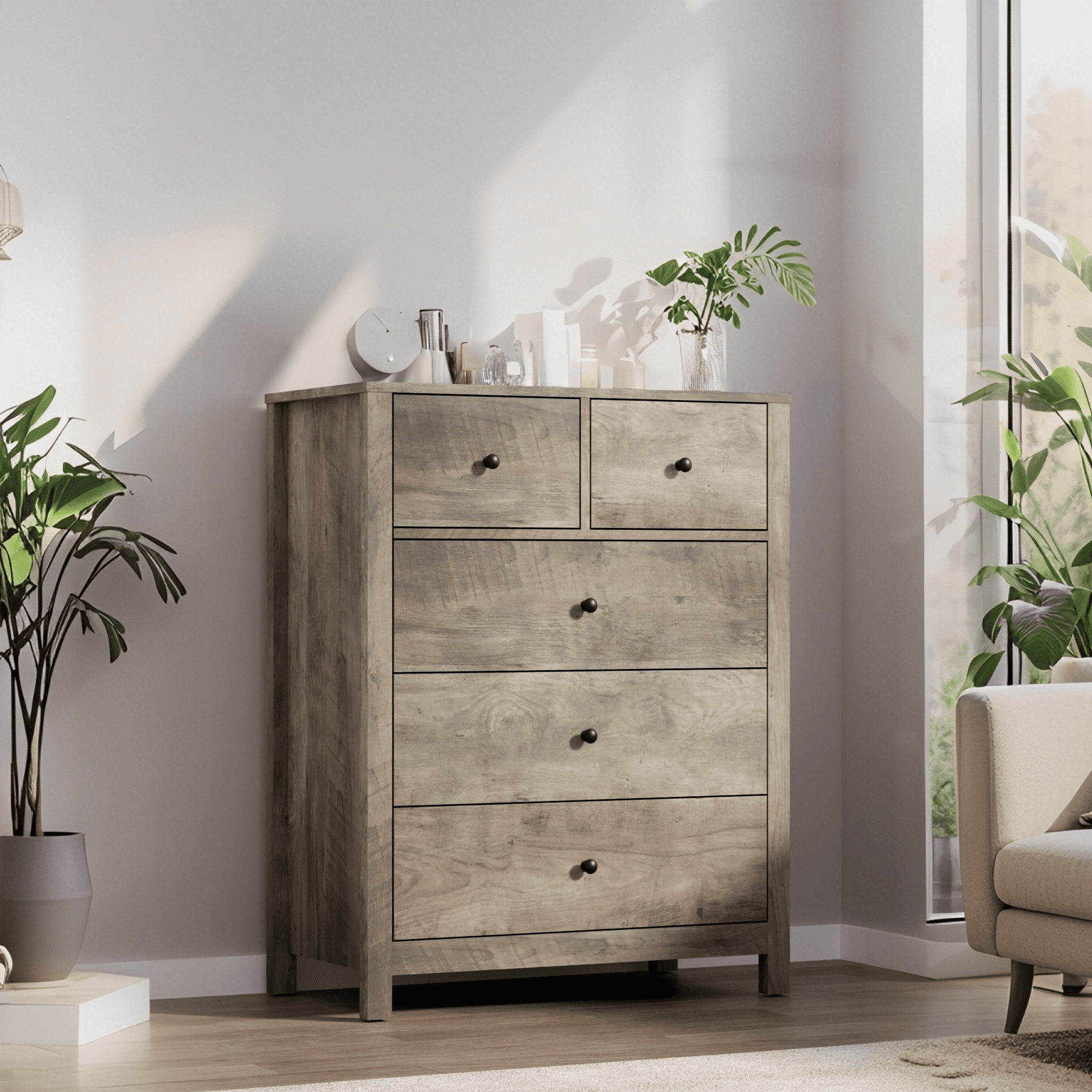 Luku 5 Drawer Tall Dresser for Bedroom, Grey Wood Grain Chest, Deep ...