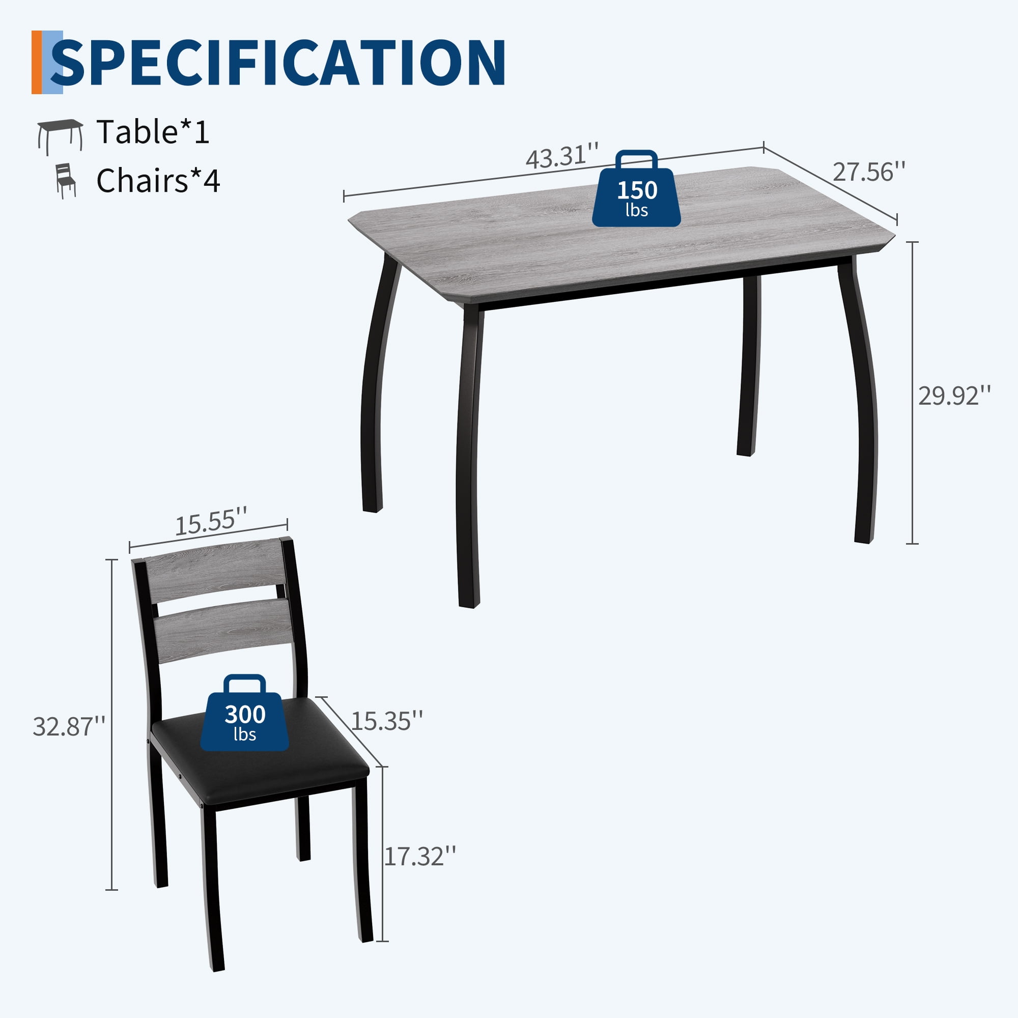 Luku 5-Piece Dining Table Set for 4, Space-Saving Metal Frame Dining ...