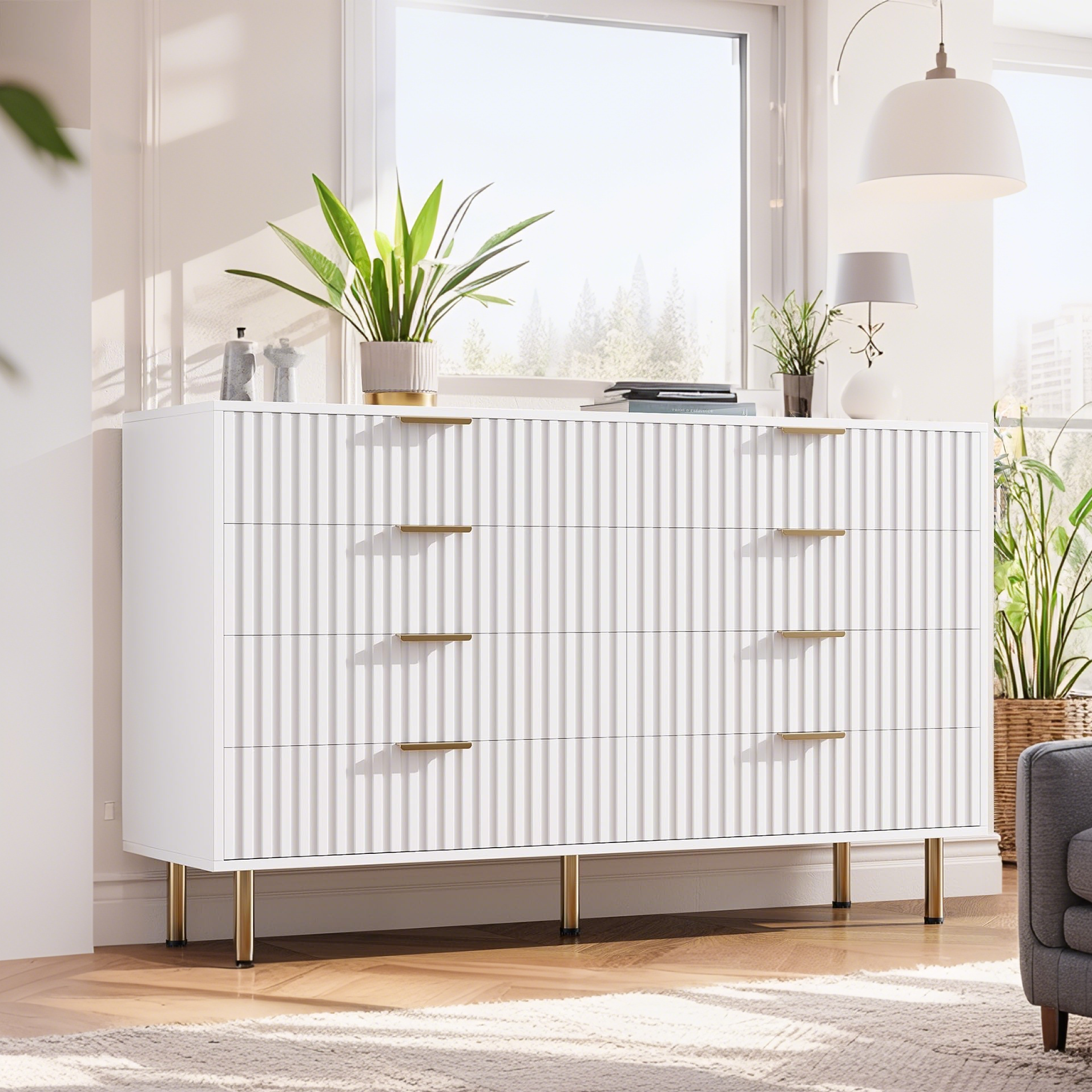 Luku 54" Wide 8 Drawer Dresser, Modern Fluted Design, Large Double ...