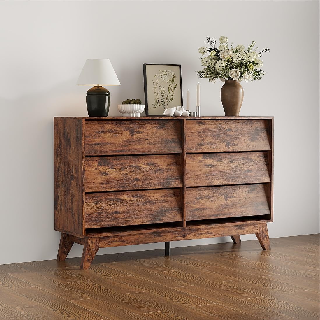 Luku 6 Drawer Dresser, 57" Wide Vintage Chest of Drawers with Bevel ...