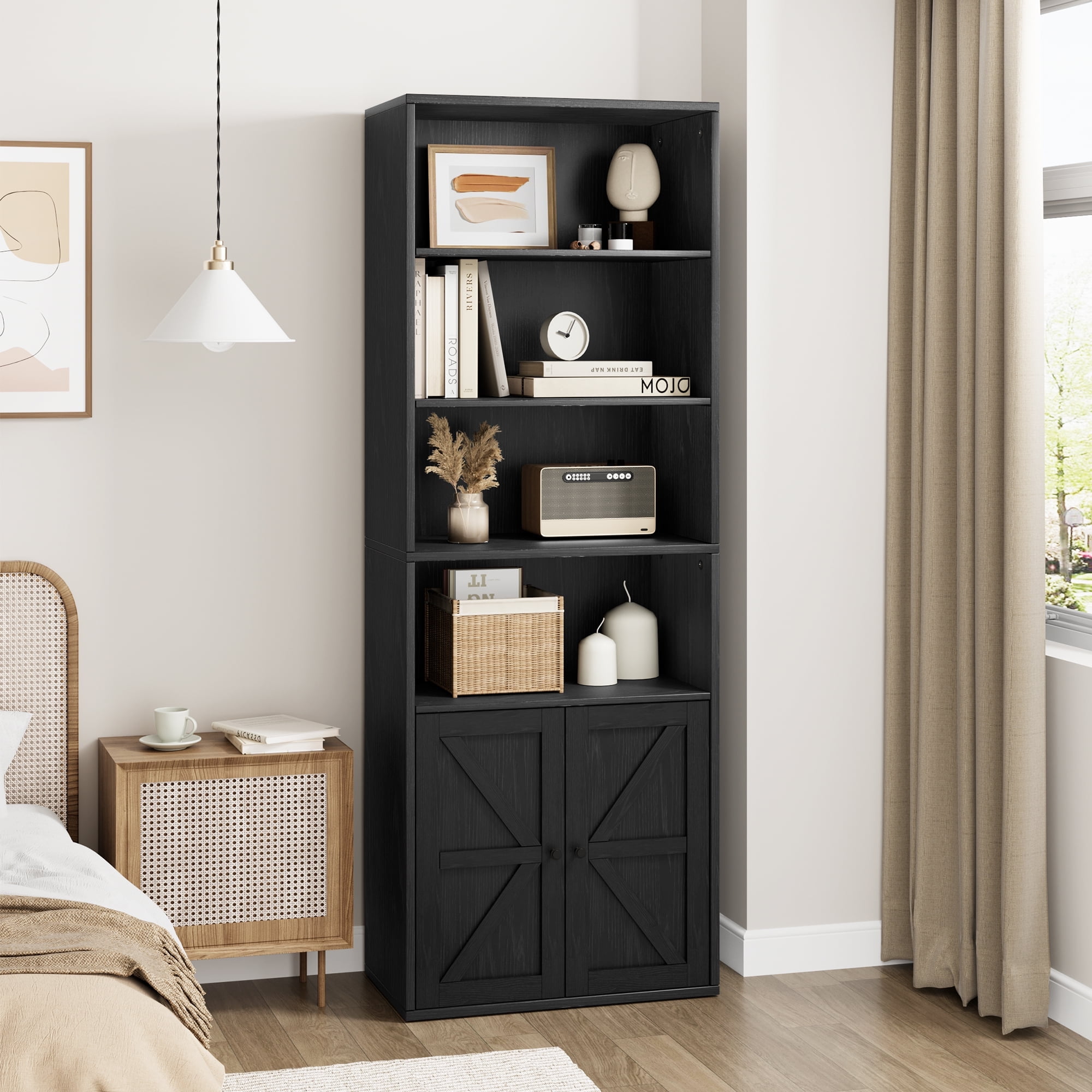 Luku 71.4in Tall Farmhouse Bookcase with Doors - Rustic Wooden 6-Shelf ...