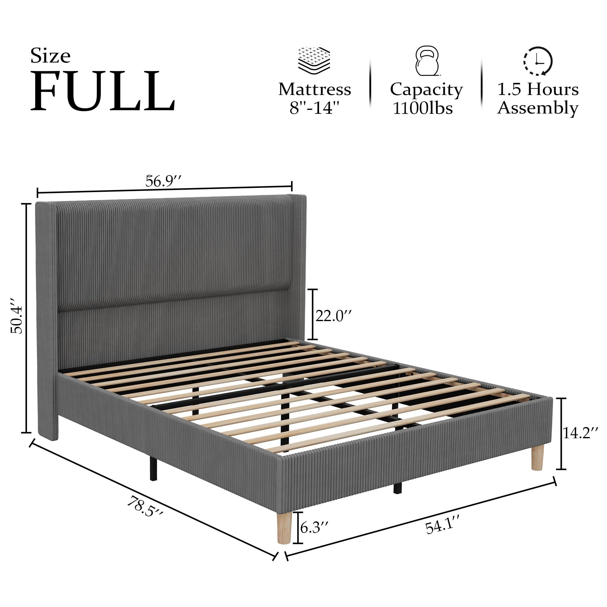 Luku Bed Frame, Upholstered Platform Velvet Bed Frame with Vertical ...