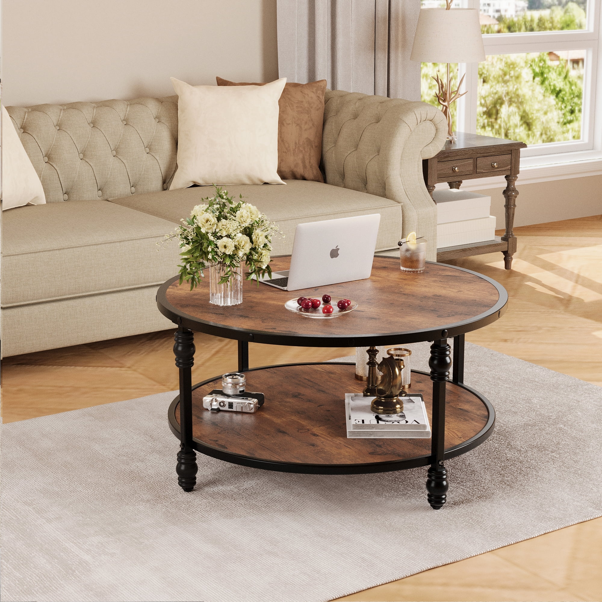 Luku Coffee Table Round Rustic Center Table with Storage Shelf Wood ...