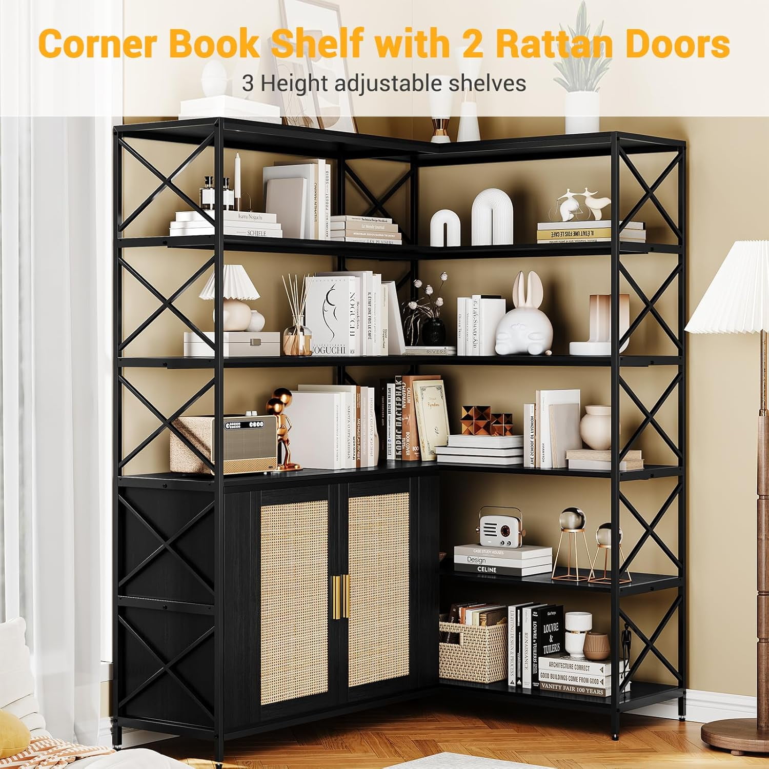 Luku Corner Bookshelf, 6 Tier Corner Book Shelf with Storage, Farmhouse ...