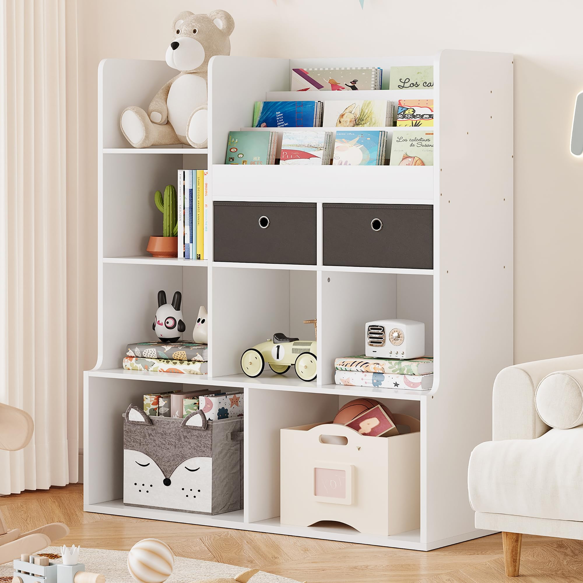 Luku Kids Wooden Bookshelf with Drawers 4 Tier Children Bookcase 47.8in ...