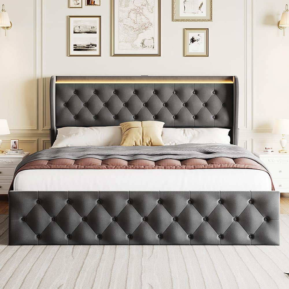 Luku Luxe Velvet Bed Frame - King-Size Platform Bed with LED Lights ...