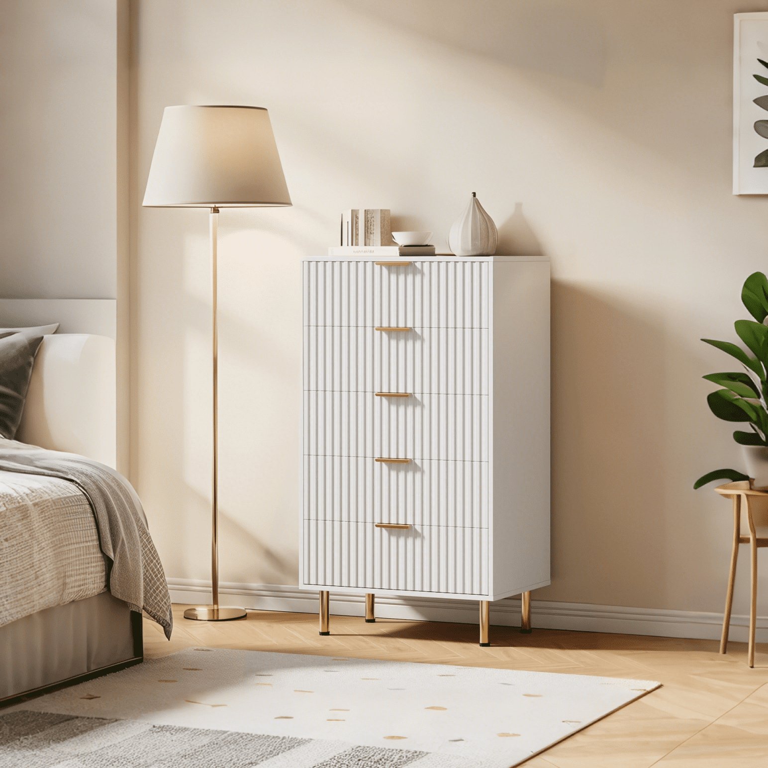 Luku Modern 5 Drawer Dresser, 47” Tall Fluted Chest, Deep Drawers, Gold ...