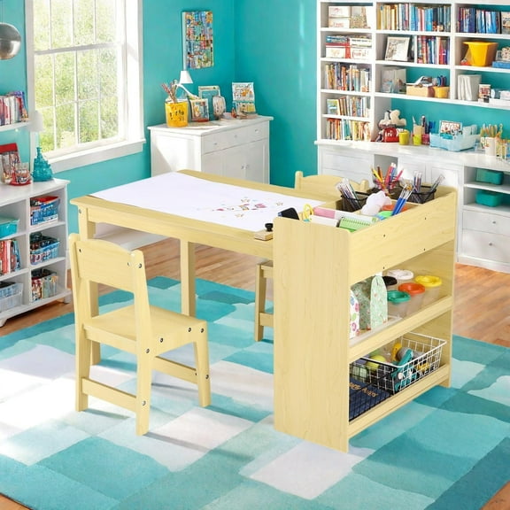 Senfot Toddler Art Table Set, Craft Play Wooden Activity Desk with 2 ...