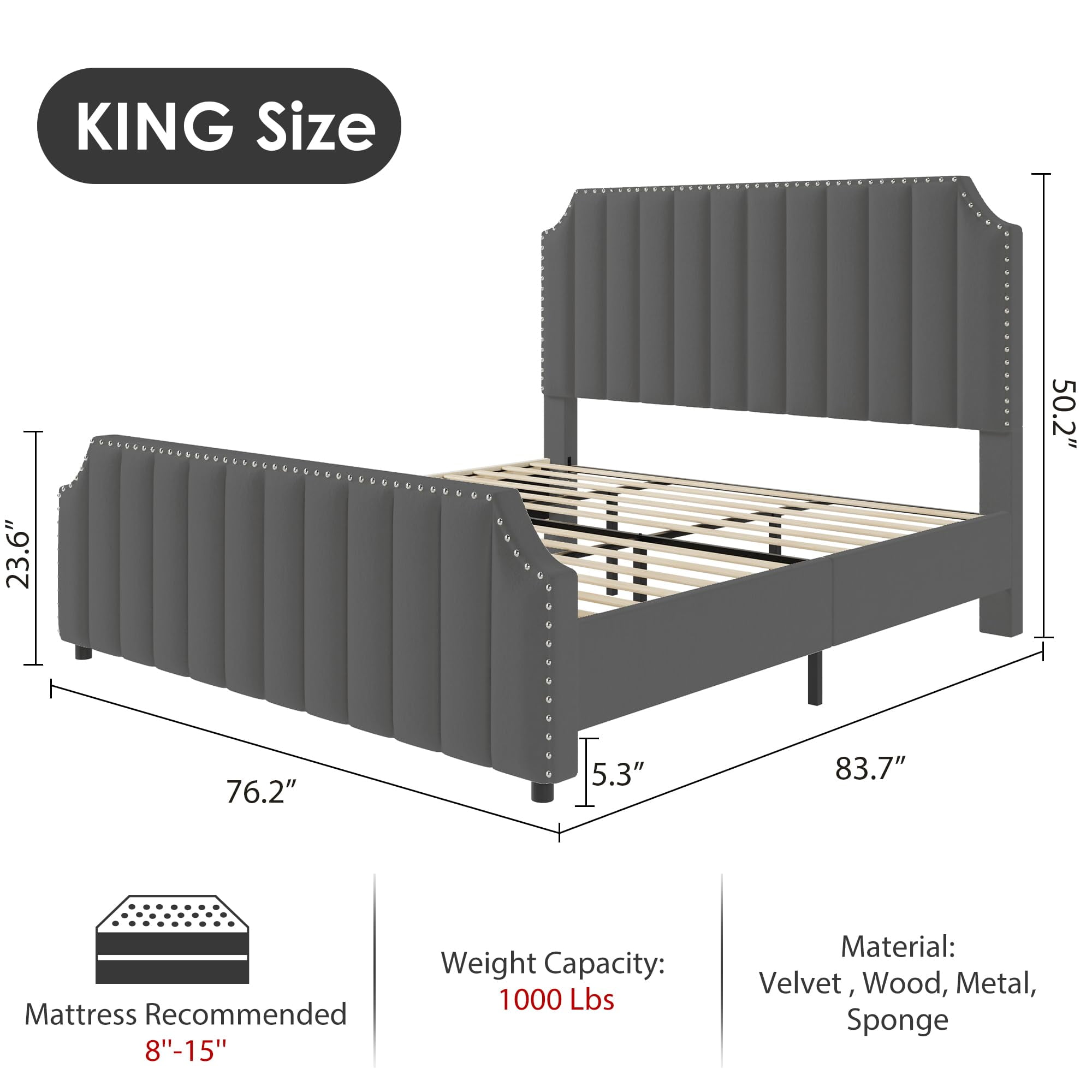Luku Velvet Upholstered Platform Bed Frame, 50.2" Vertical Channel ...