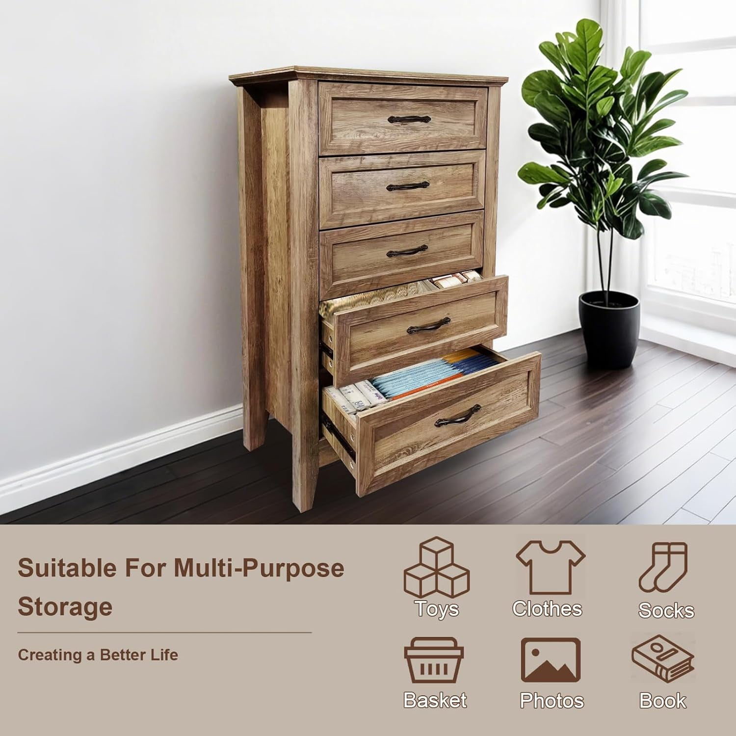 Luku Vintage 5-Drawer Wood Dresser - Tall Storage Chest for Bedroom ...