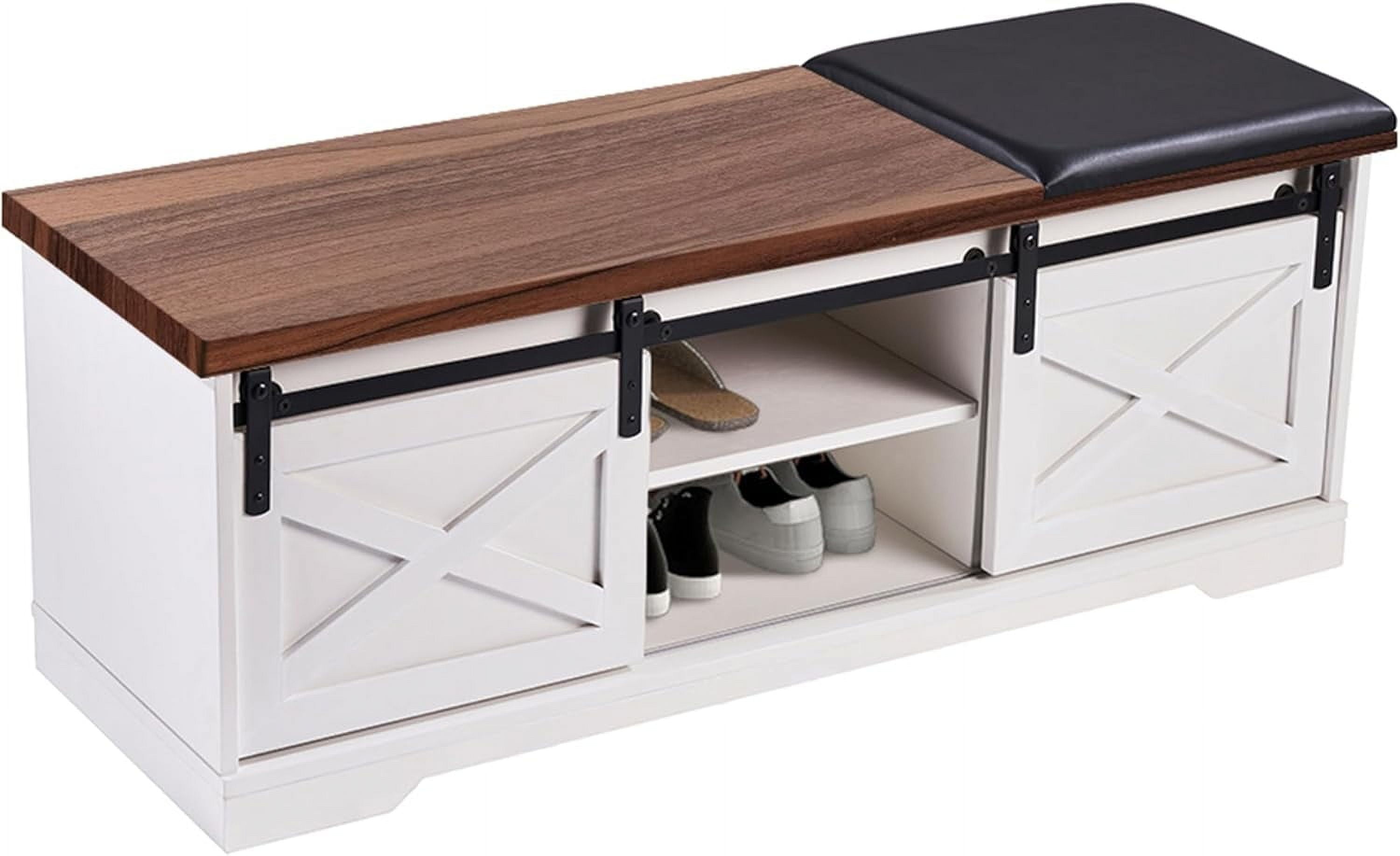Luku White Shoe Storage Bench with Sliding Door, 47 Inch Farmhouse Shoe ...