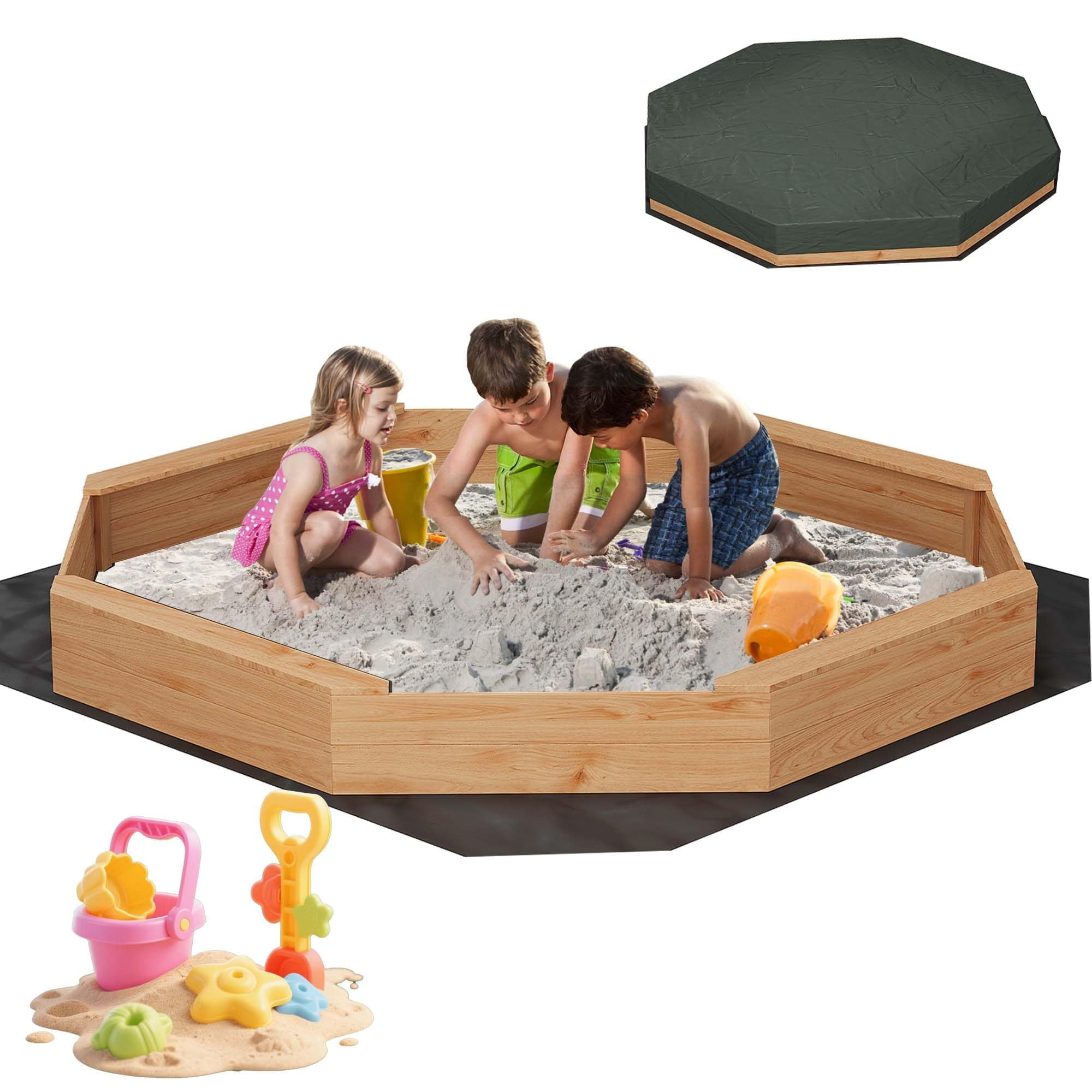 Luku Wooden Octagon Sandbox with Cover,Nylon Cover, Outdoor Sand Box with 4 Bench Seats, Bottom ...