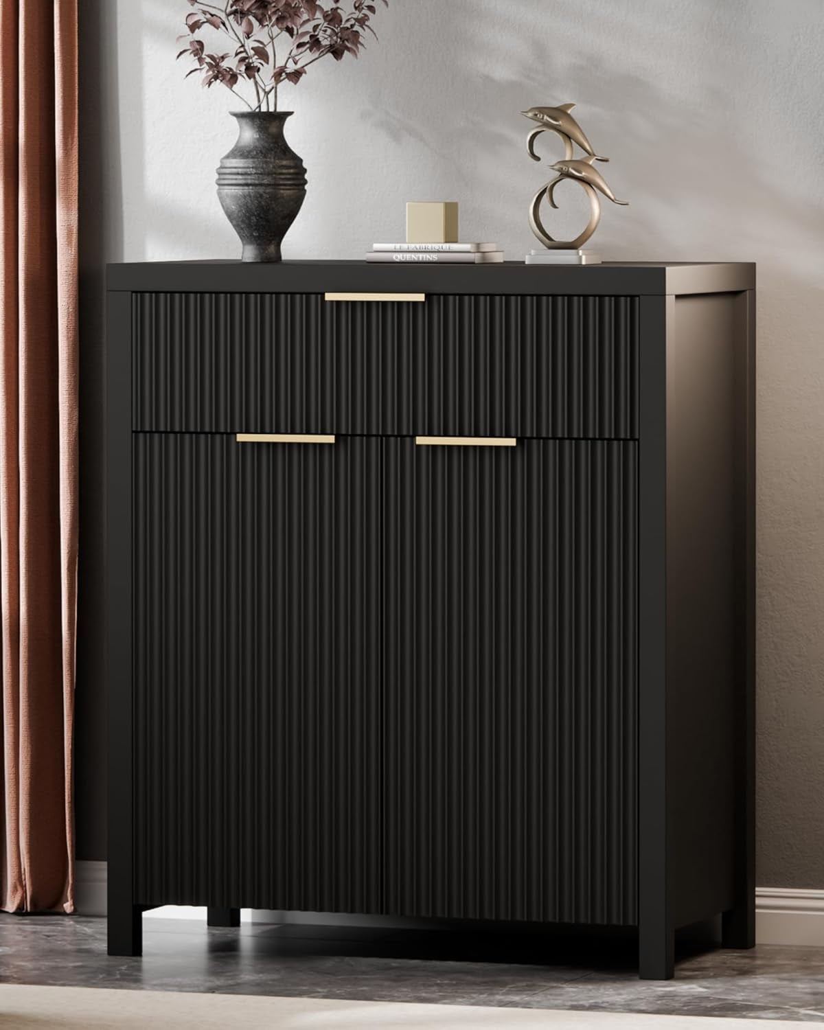 Black Fluted Storage Cabinet with Drawers Buffet Sideboard Cabinet with ...