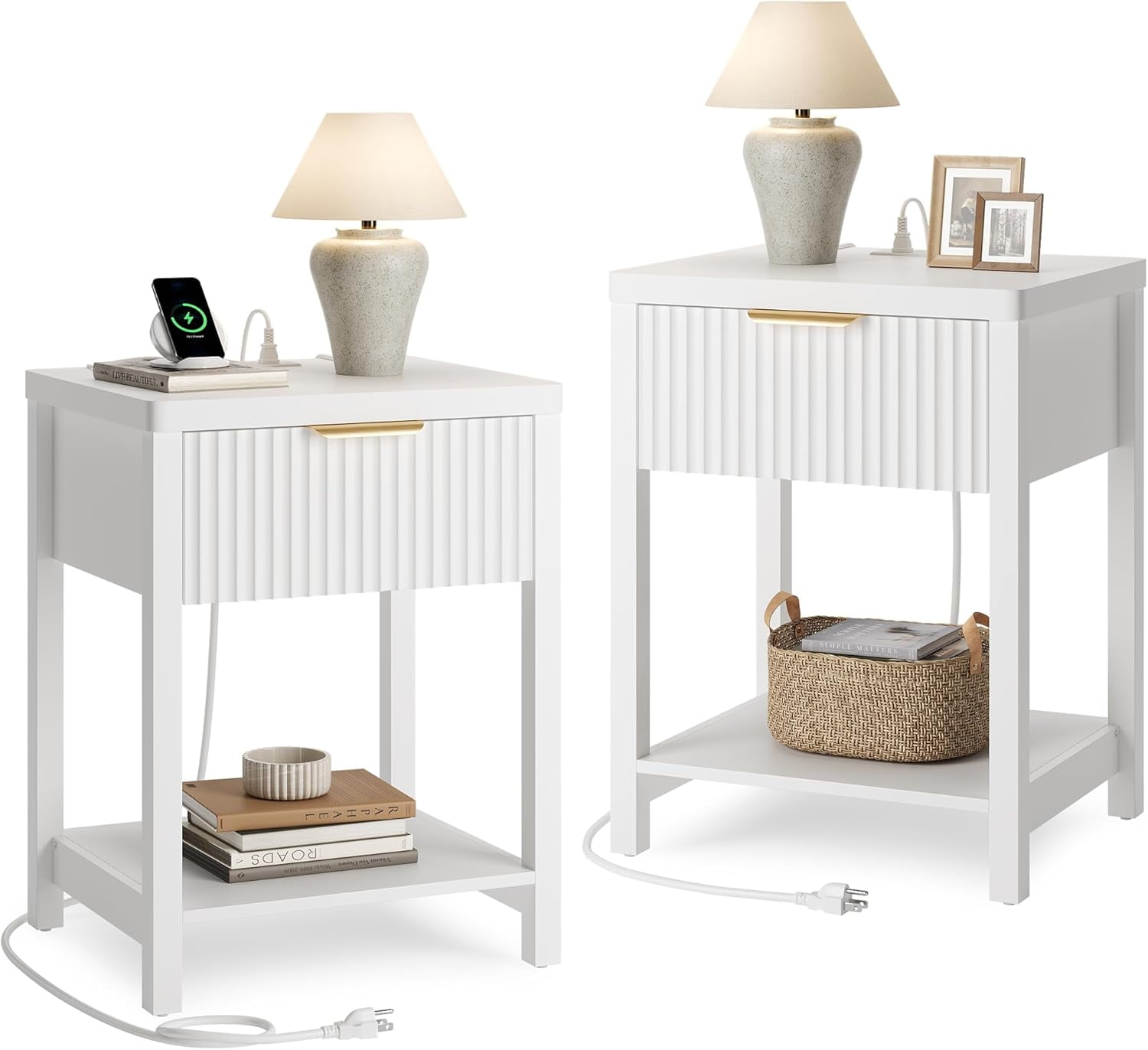 Lulive Night Stand Set 2, Fluted Nightstand with Charging Station, Wood ...