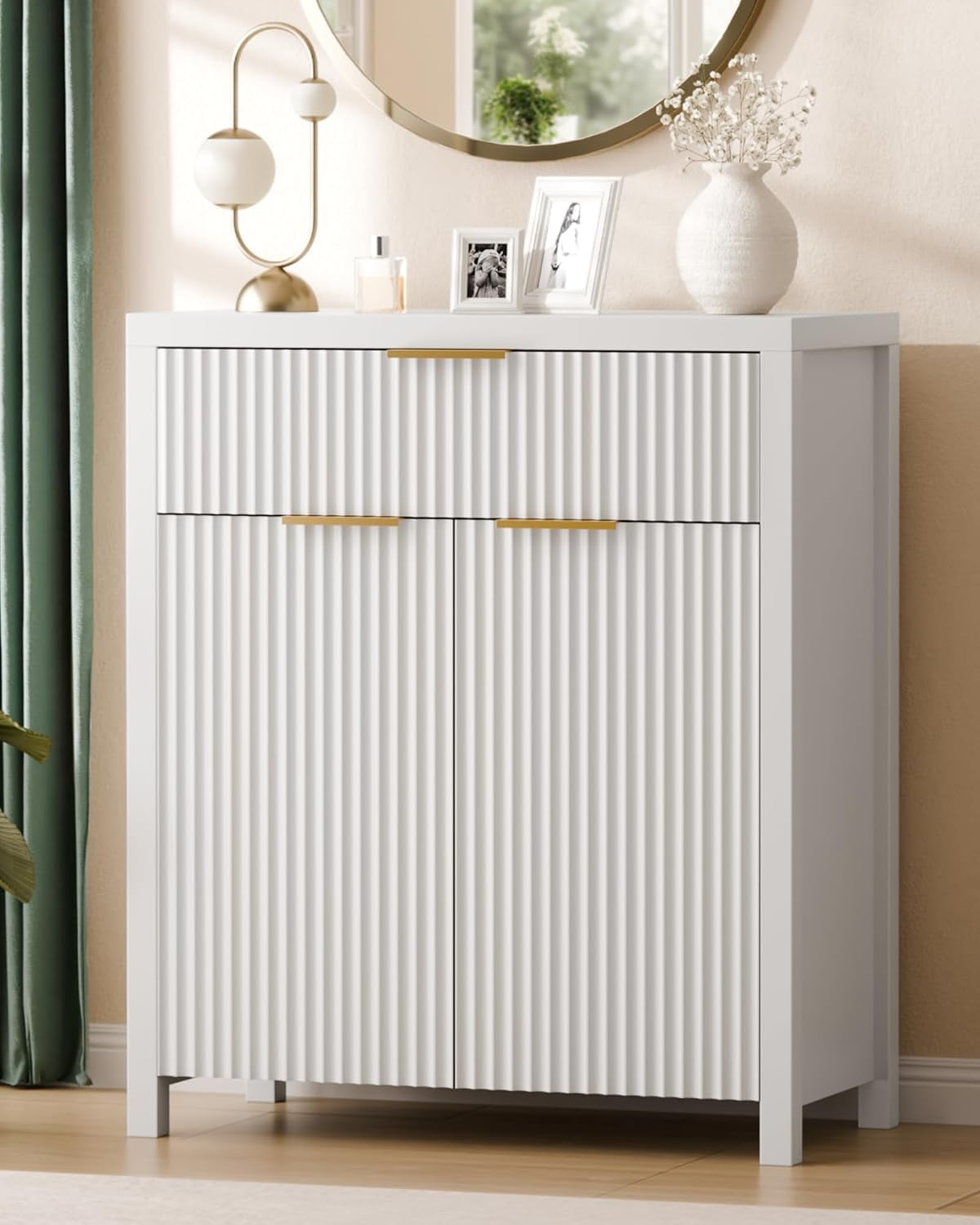 Lulive White Fluted Storage Cabinet with Drawers Buffet Sideboard ...