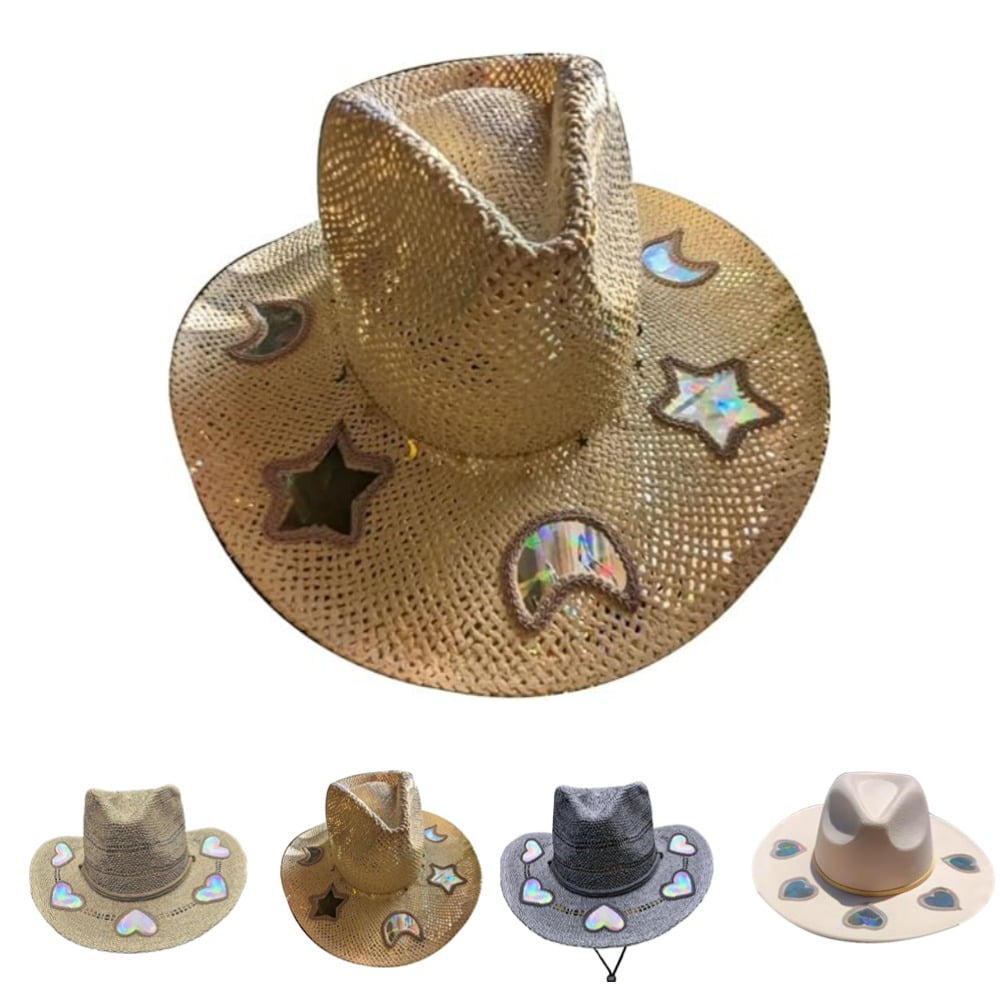 Lullaby Suncatcher Cowgirl Straw Prism Hat - Boho Chic Wide Brim Hat with Celestial Rainbow ...