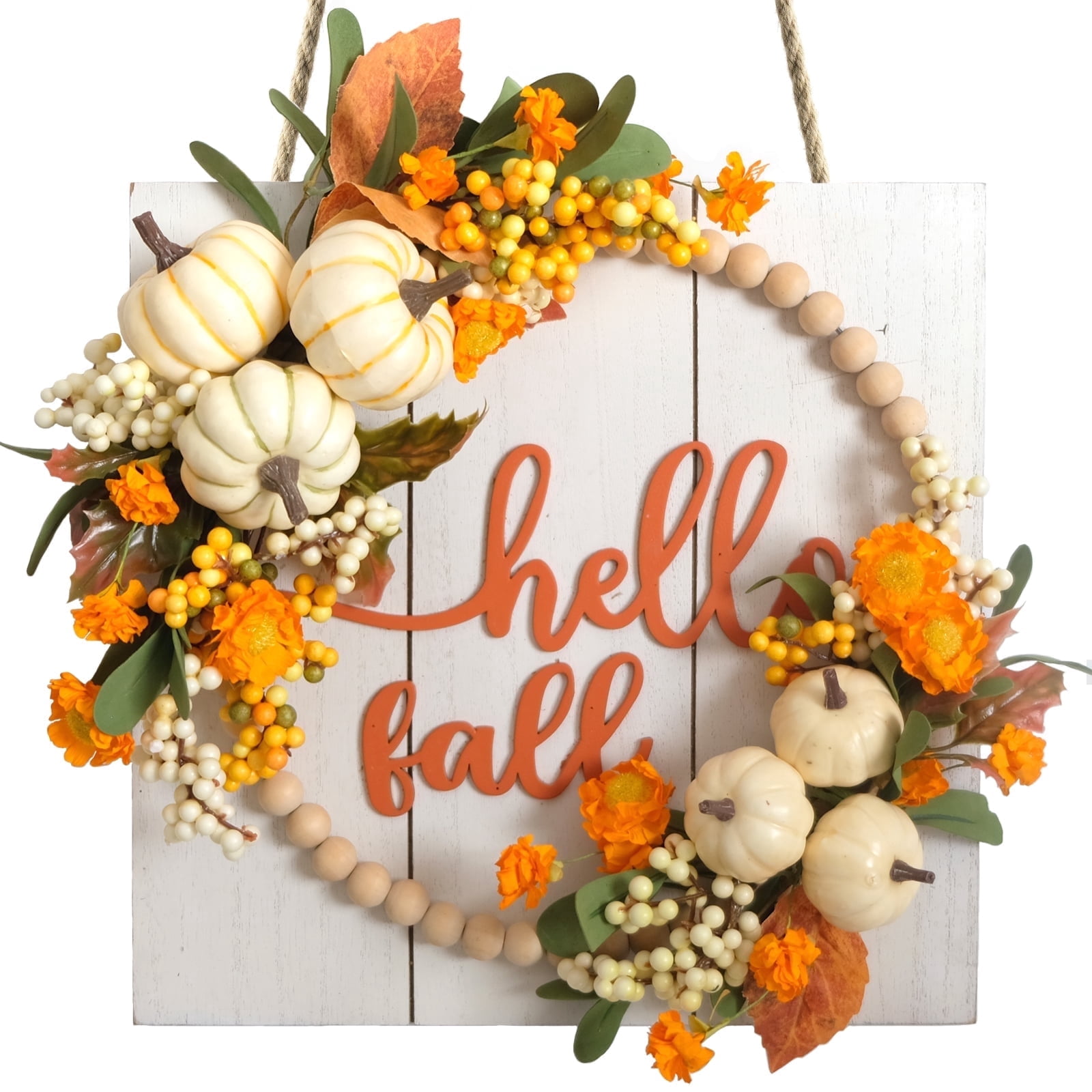 Luluy Hello Fall Sign wreath for Front Door, Pumpkin and Berries Wreath ...
