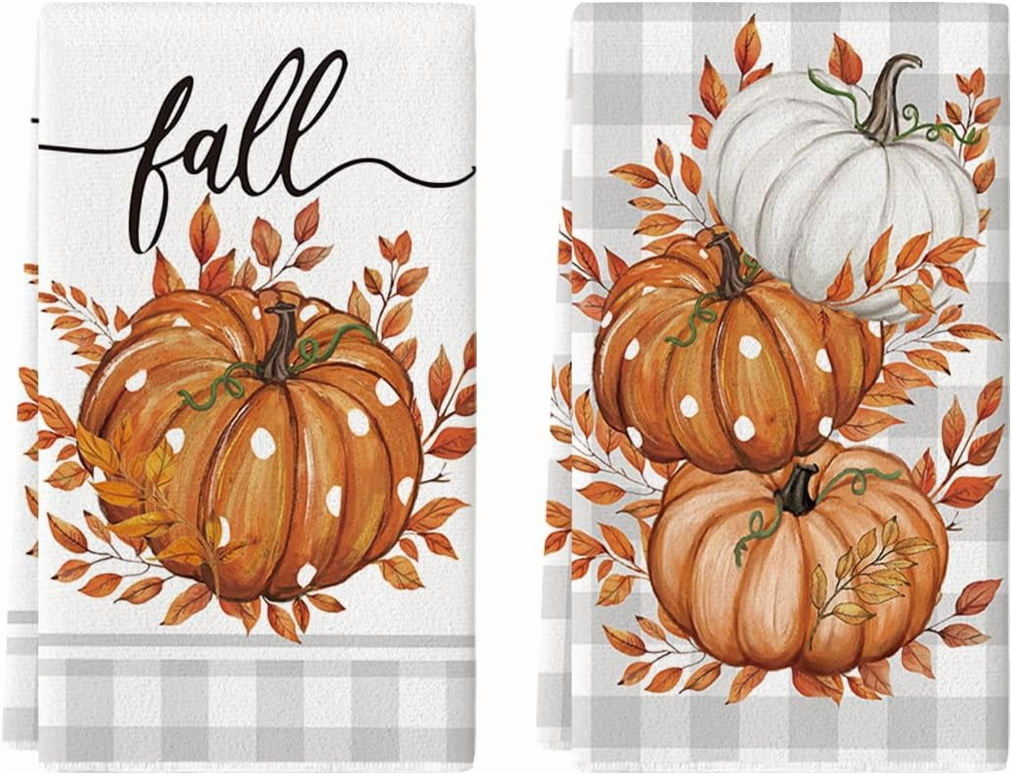 Luluy Orange Buffalo Plaid Leaves Pumpkin Fall Kitchen Towels Dish ...