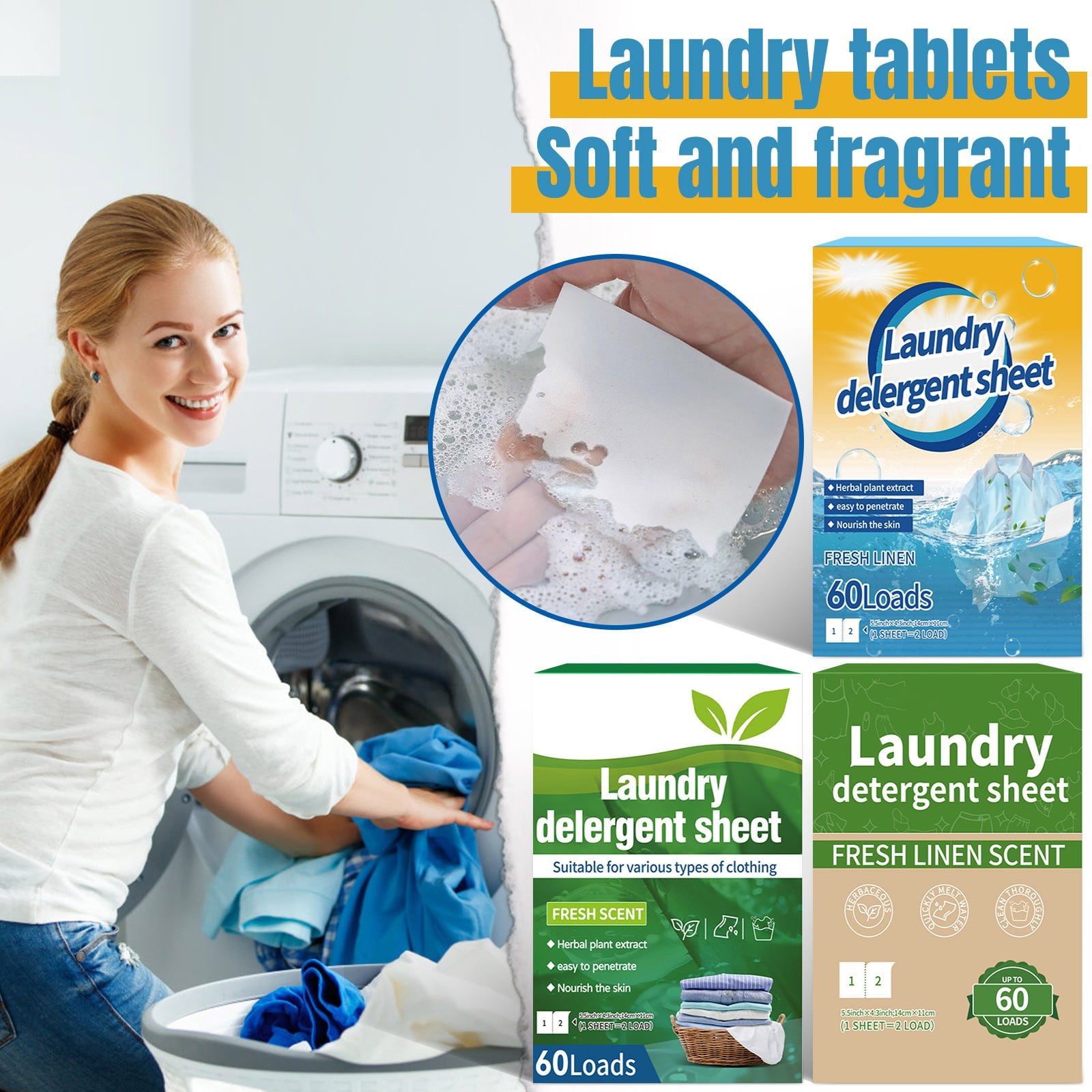 Luluy Portable Laundry Tablets Concentrated Stain Removal Instant Bubble Tablets Fresh Linen ...