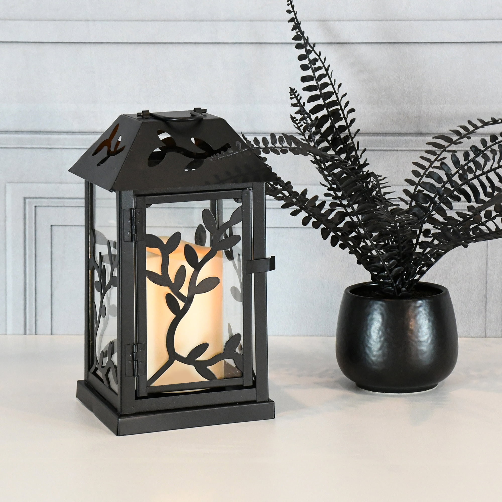 LumaBase Metal Lantern with Battery Operated Candle - Black Vine ...