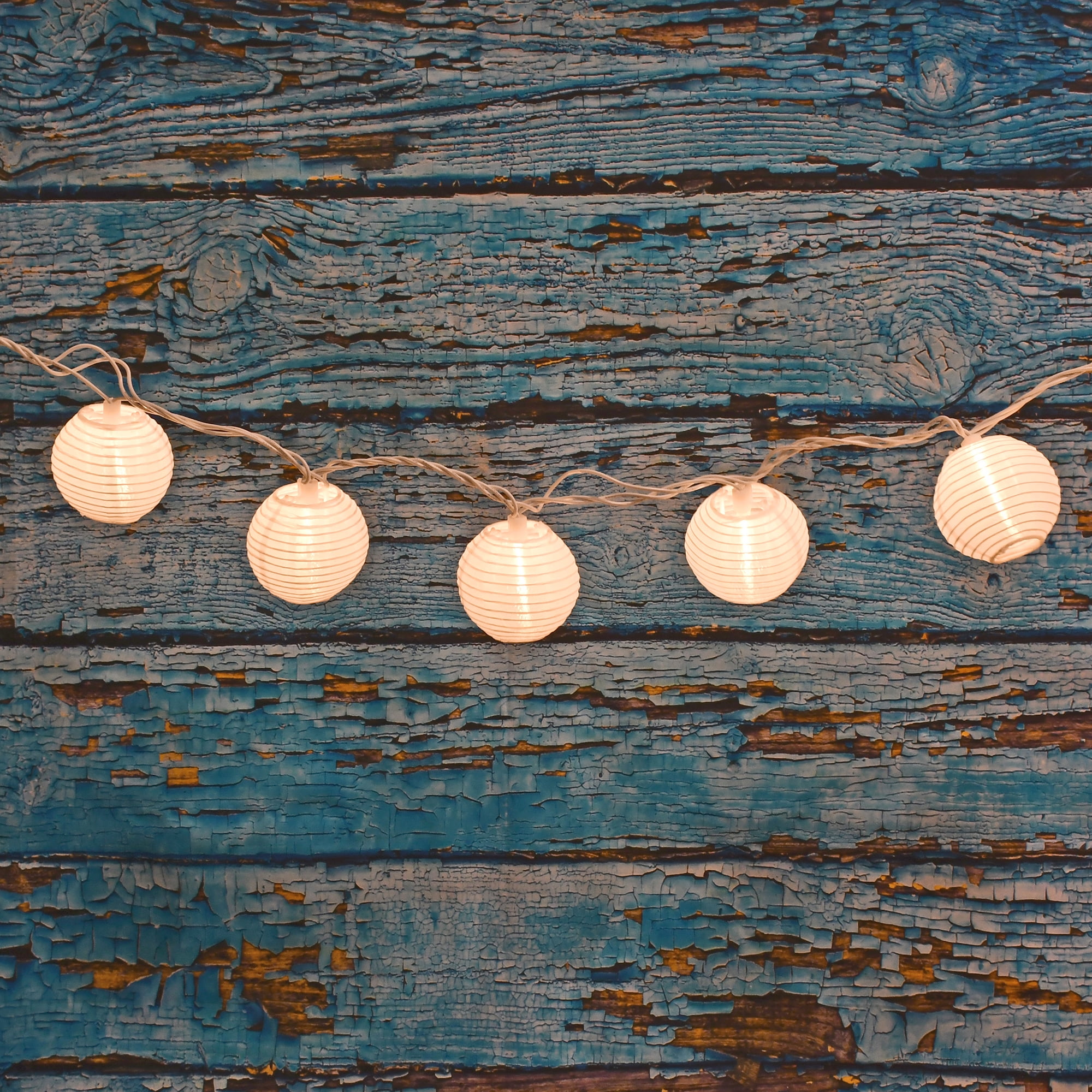 LumaBase Solar Powered String White Lights with 10 White Nylon Lanterns ...
