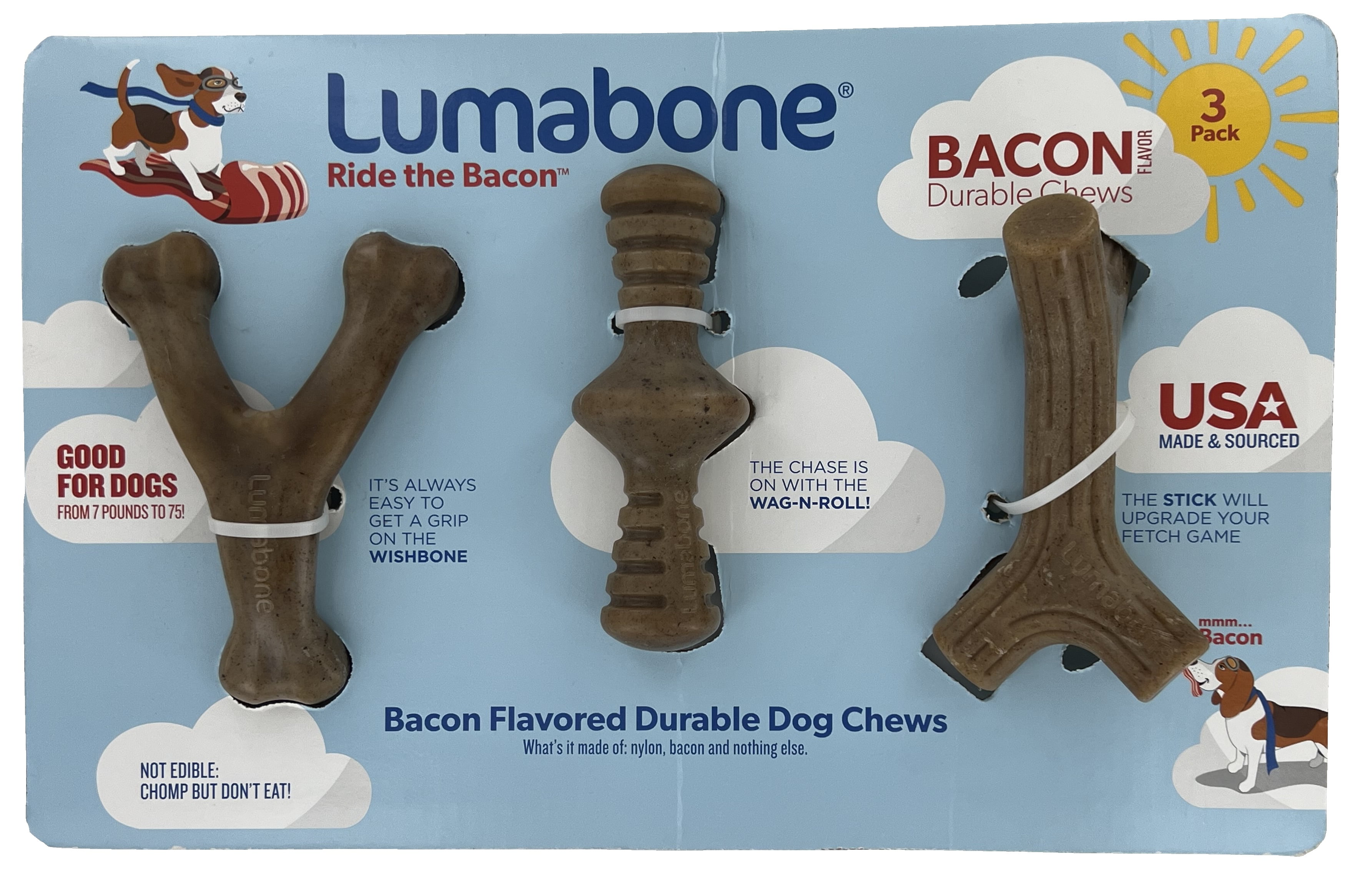 Lumabone 3-Piece Durable Chew & Fetch Dog Toy Set with Bacon Flavor for ...