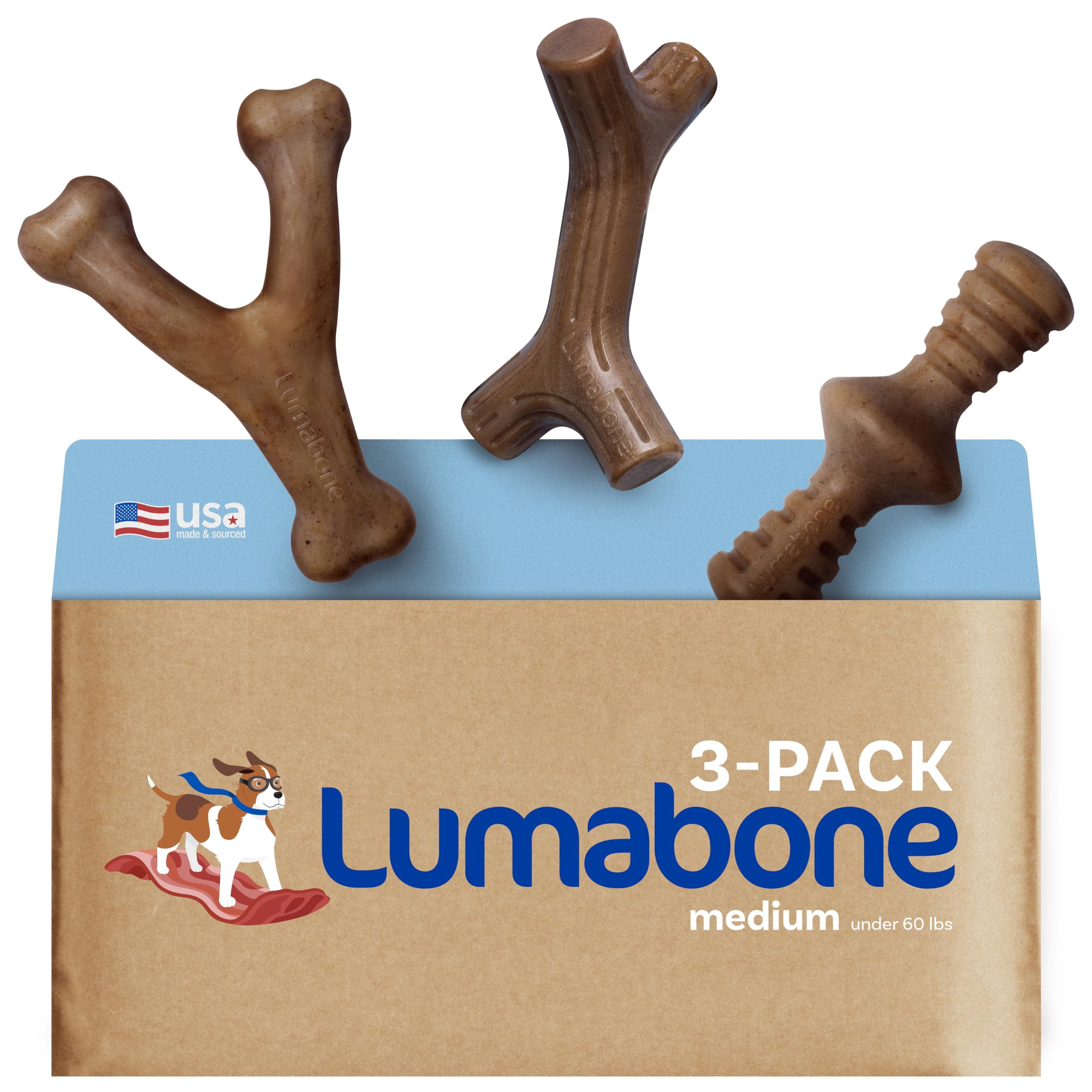 Lumabone Real Bacon Medium 3-Pack Durable ATT1Dog Chew Toys for ...