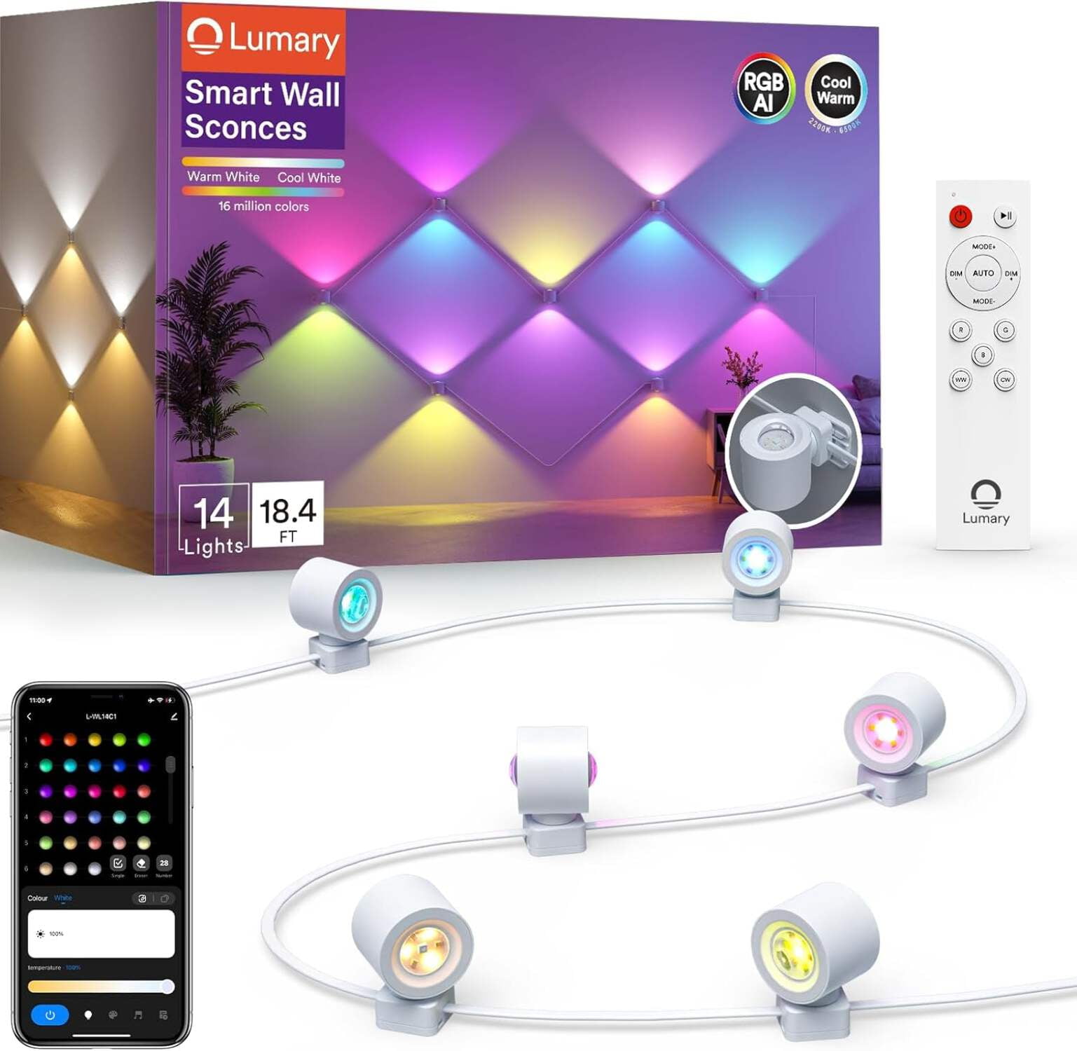 Lumary RGBAICW Smart Wall Sconces, Indoor up down Wall Lights 18.4Ft ...