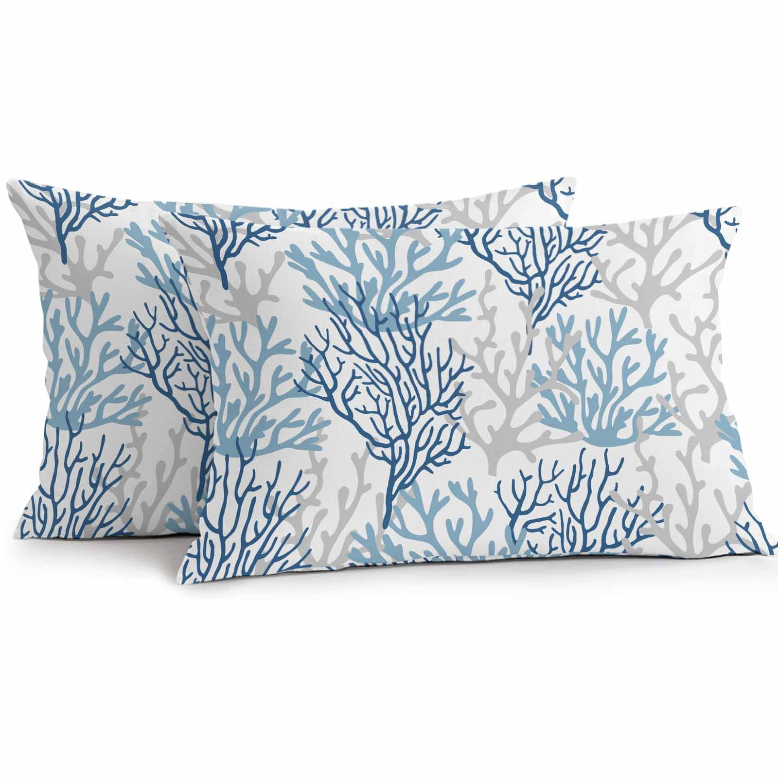 Lumbar Pillow Covers 12 x 20 Inches, Navy Blue Coral Coastal Waterproof ...