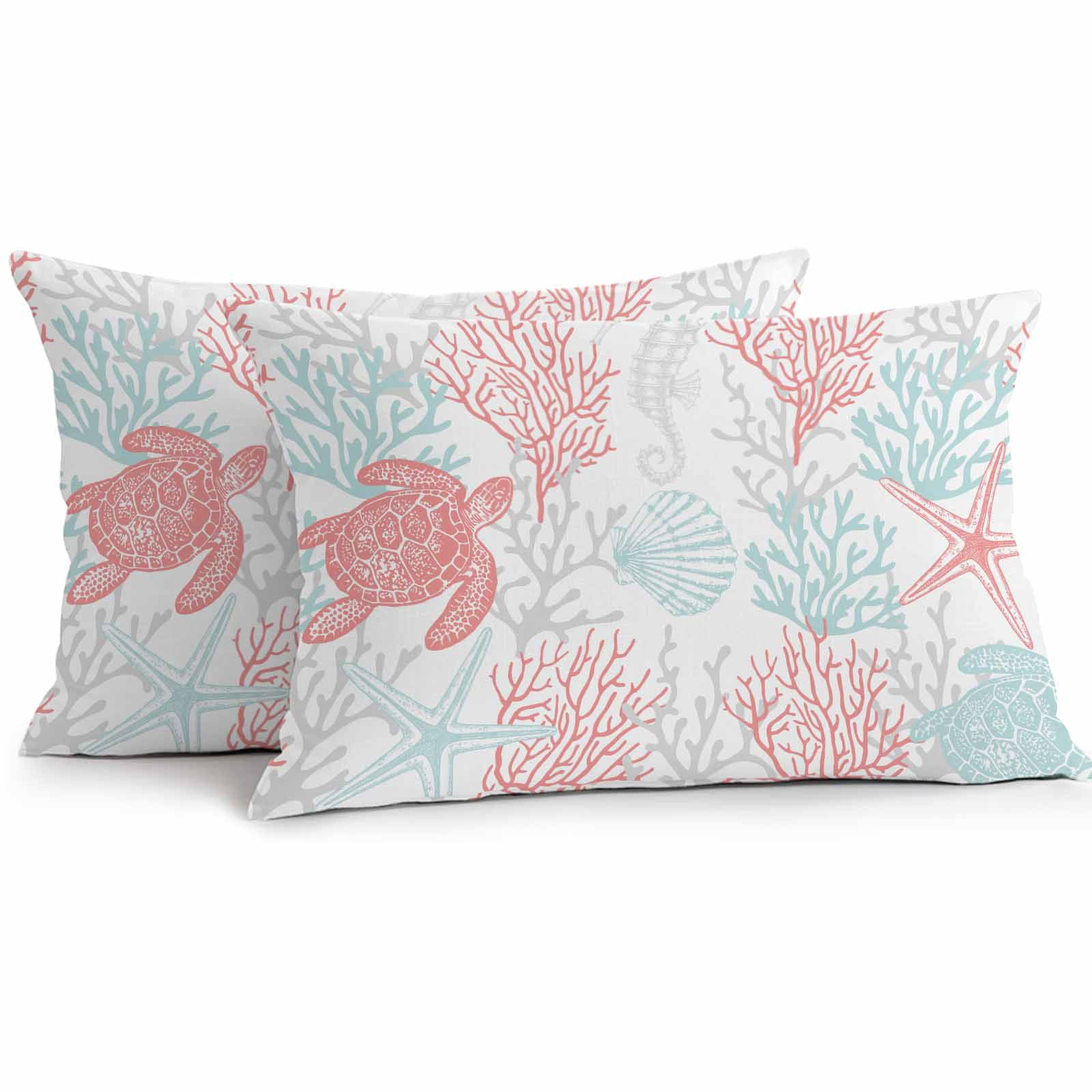 Lumbar Pillow Covers 12 x 20 Inches, Red Aqua Coastal Waterproof Throw ...