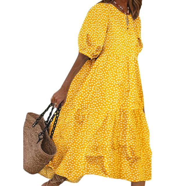 Lumento Plus Size Women Summer Boho Floral Long Maxi Dress Short Sleeve
