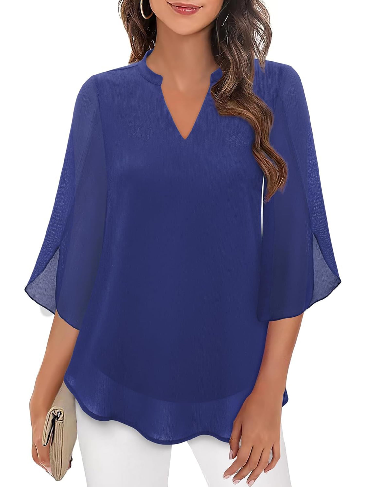 Lumento Women 3/4 Ruffled Blouses Casual Layers Chiffon Dressy V Neck ...
